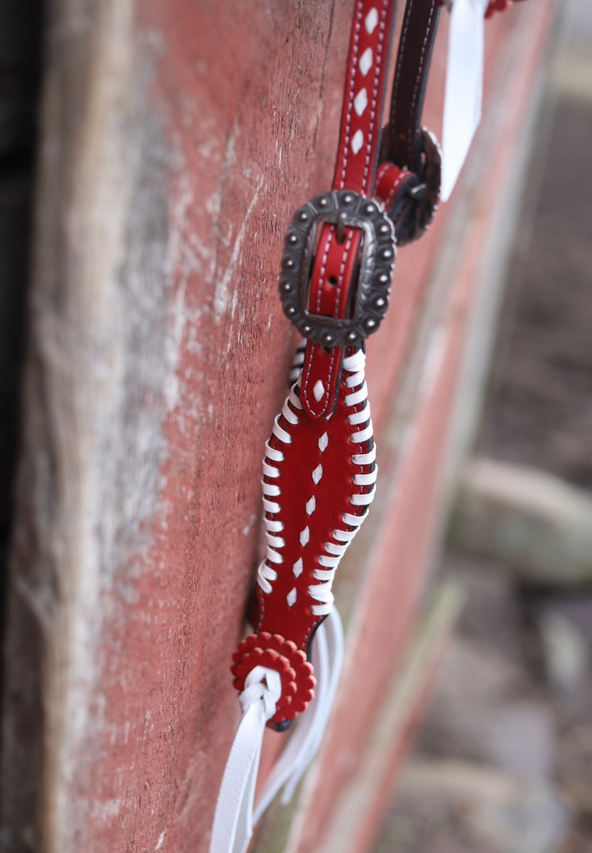 Red and White Whipstitch Headstall – Arrow M Saddlery